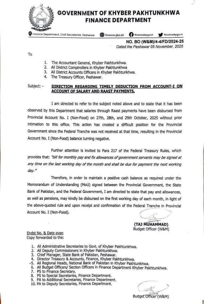 KP Finance Department Notification 2025: New Rules for Salary & Raast ...